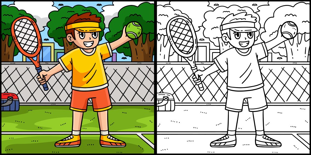 Tennis boy with racket coloring page Royalty Free Vector