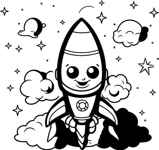 Cartoon rocket flying in the sky for coloring book