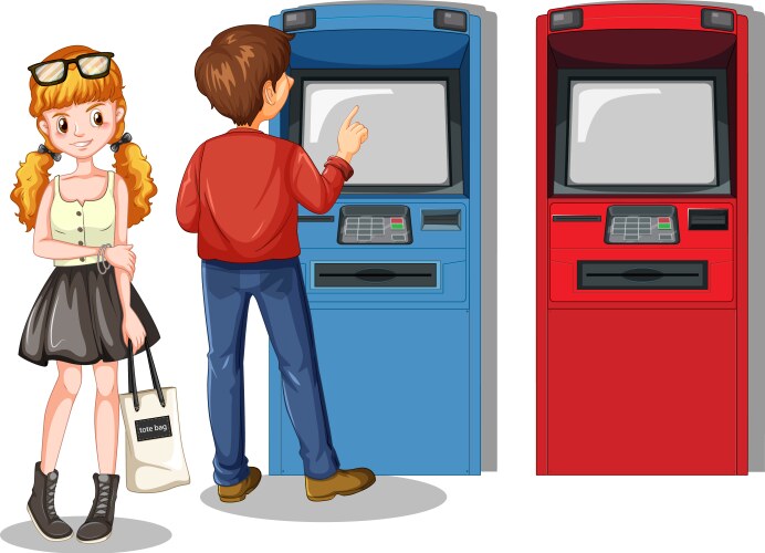 Atm machine with people cartoon character Vector Image