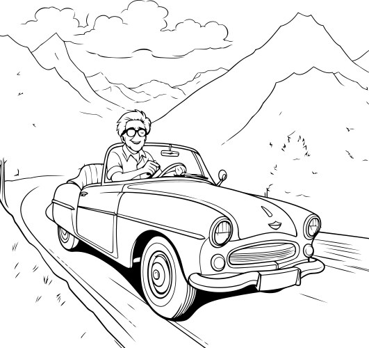 Old man driving a vintage car in the landscape Vector Image