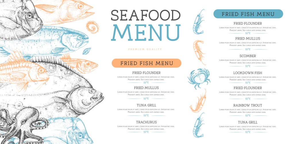 Fish restaurant menu hand drawn fishes lobster Vector Image