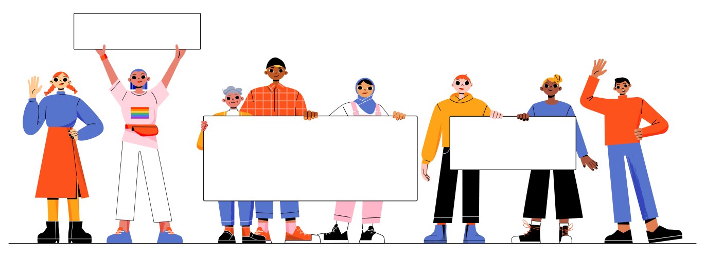 Protesting people group activists hold sign board Vector Image
