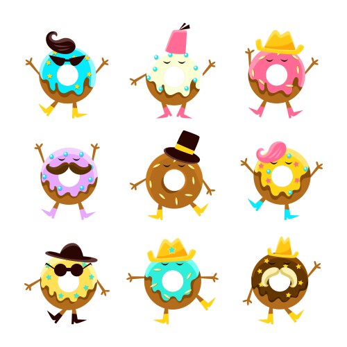 Set icons cartoon characters donuts Royalty Free Vector