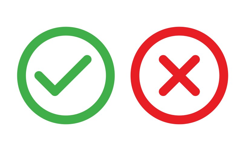 Icons check mark tick and cross cancel Royalty Free Vector