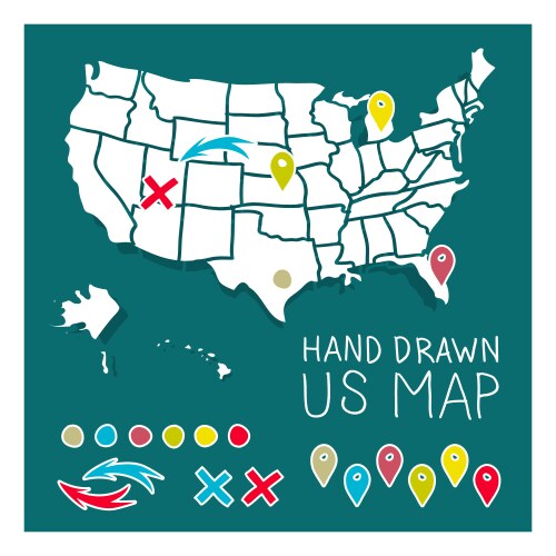 Hand Drawn US Map with Pins Royalty Free Vector Image