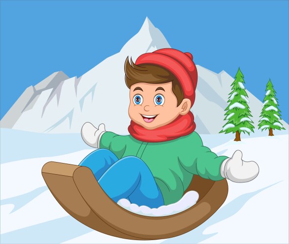 Cartoon little boy sledding down a hill Royalty Free Vector