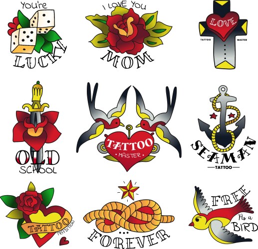 52 hand drawn old school tattoo set Royalty Free Vector