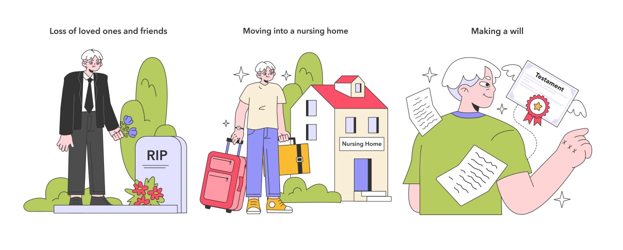 Senior life milestones set getting old Royalty Free Vector