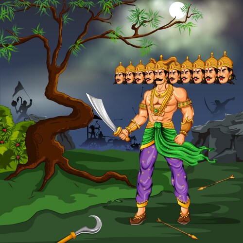 Golden ravana with ten heads hindu warrior Vector Image