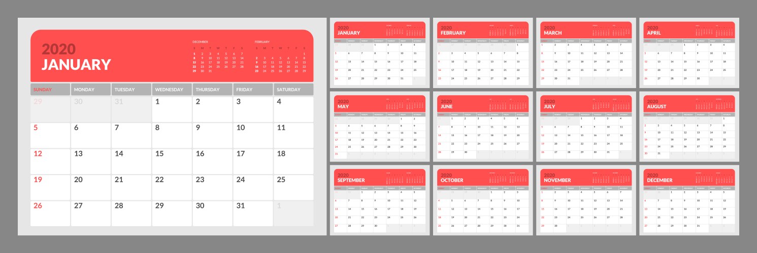 Calendar for 2020 starts monday Royalty Free Vector Image