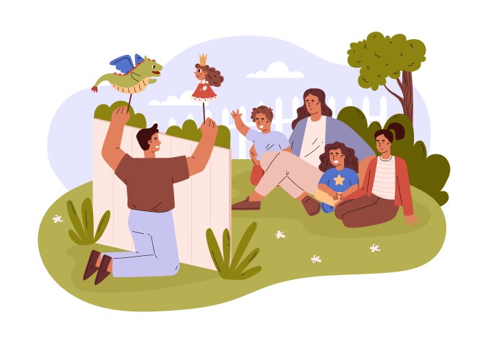 Man performs the puppet show for children Vector Image