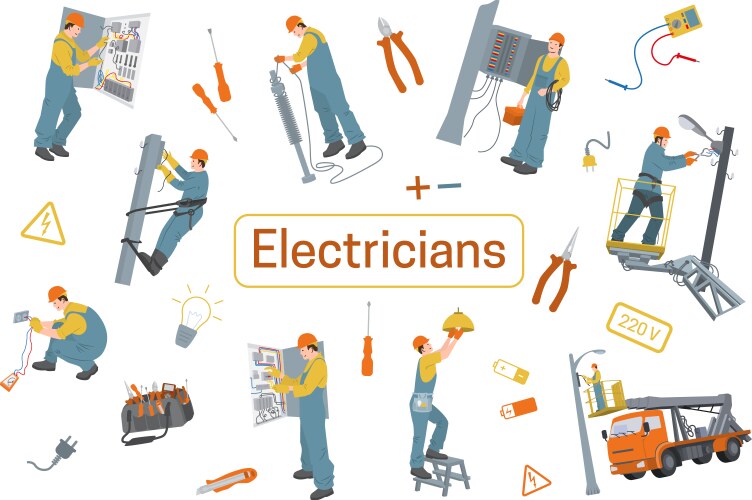 Electrician tools icons and electrical works Vector Image