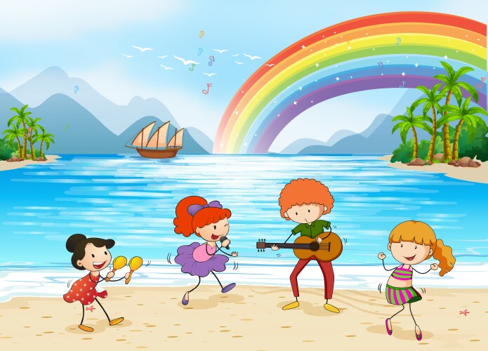 Happy kids playing superhero with sky scenery Vector Image