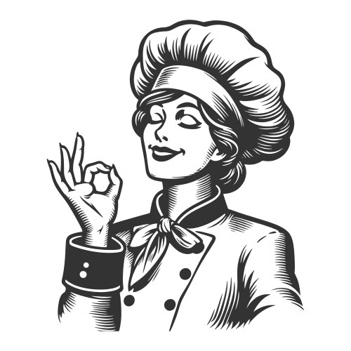 Retro chef woman making okay gesture sketch Vector Image