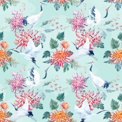 Watercolor crane with flowers pattern Royalty Free Vector