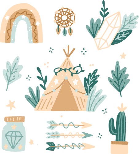 Engraving hand drawn boho elements collection Vector Image