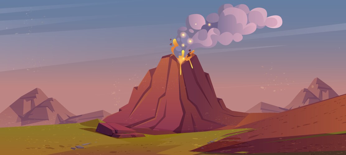 Volcano fire lava eruption cartoon Royalty Free Vector Image