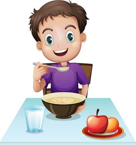 Cartoon little boy eating breakfast Royalty Free Vector