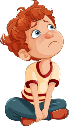 Cartoon of a thoughtful young boy sitting down Vector Image
