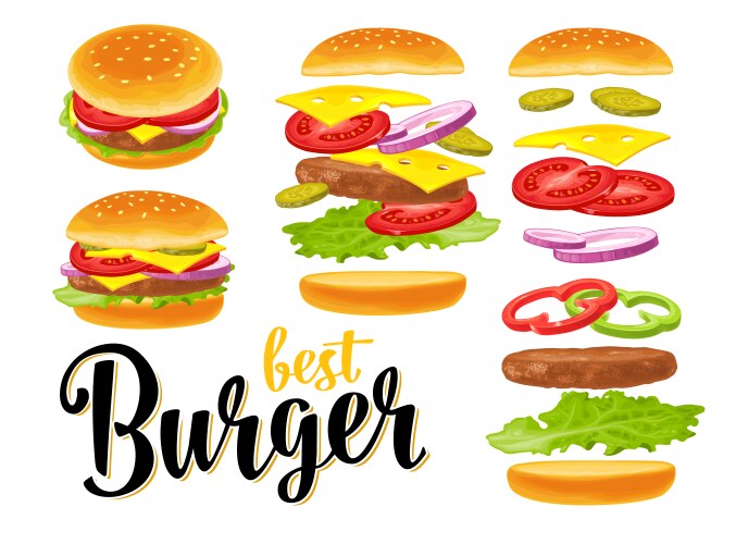 Cartoon burger ingredients hamburger chop bun Vector Image