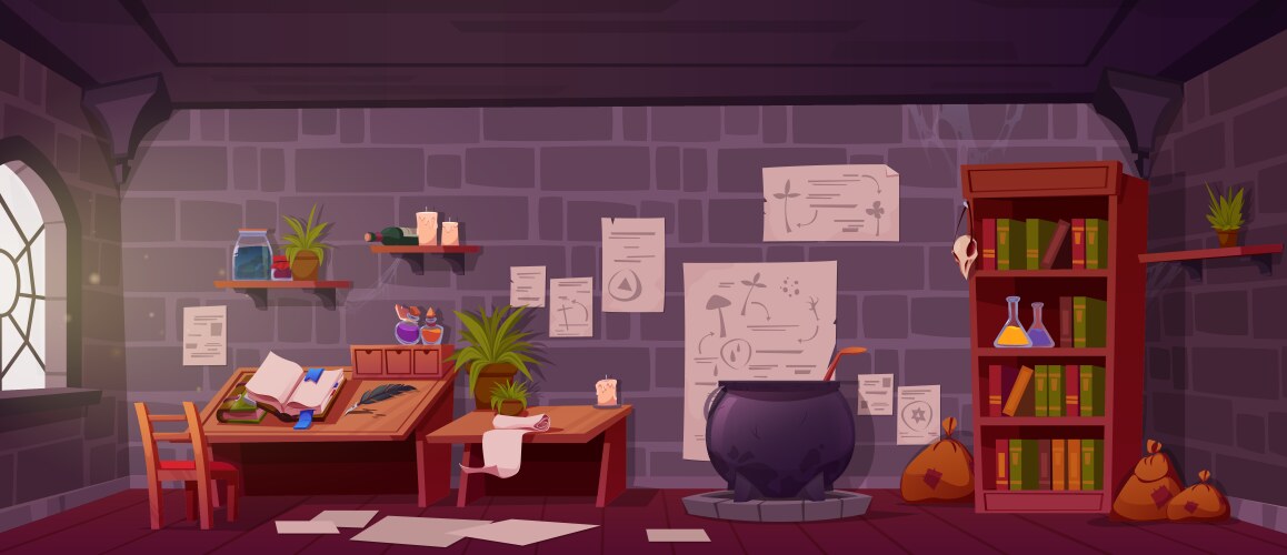 Magic wizard lab background witch room interior Vector Image