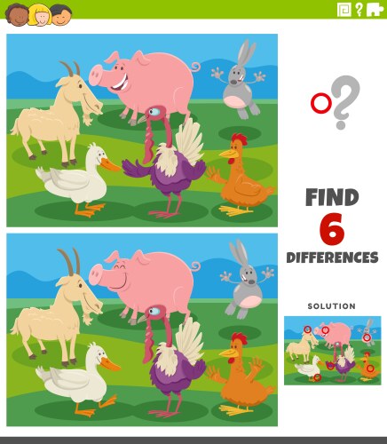 Differences game with pigs farm animals Royalty Free Vector