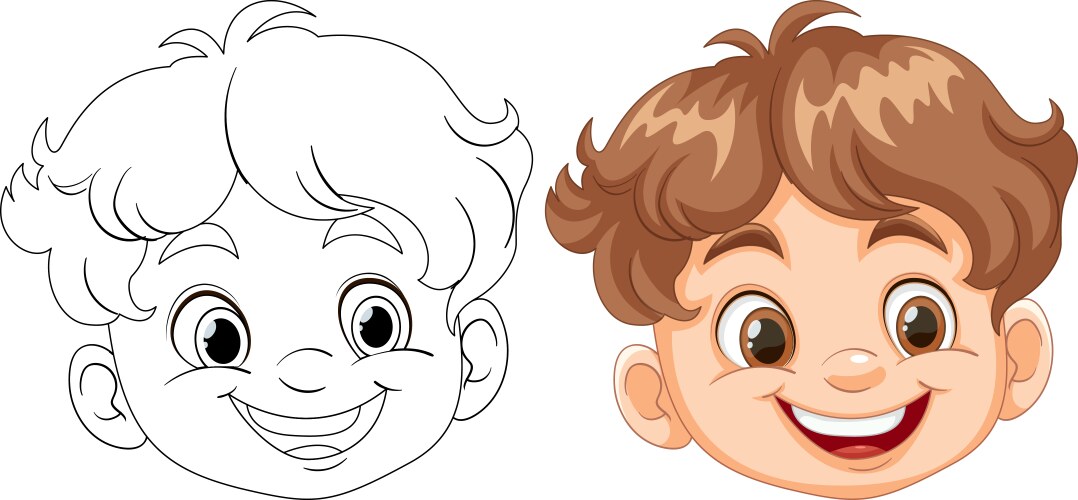 Two cartoon boy faces one colored outlined Vector Image
