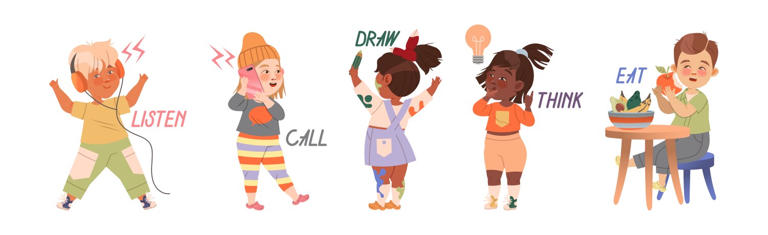 Kid character demonstrate action verb and word Vector Image