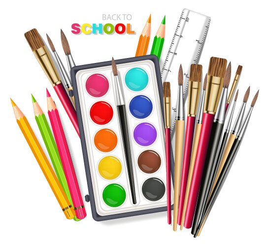 Colorful pen marker and watercolor palette tools Vector Image