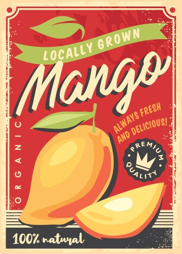 Ripe mango label design with bright tropical fruit