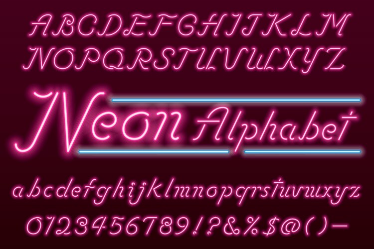 Pink neon script uppercase and lowercase letters Vector Image