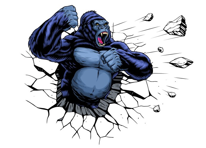 Roaring angry gorilla ramming through broken wall Vector Image