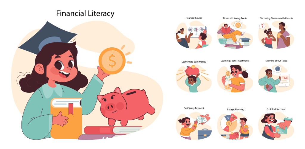 Child financial literacy set flat Royalty Free Vector Image