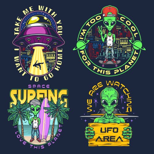 Alien skateboarder emblem colorful vintage Vector Image