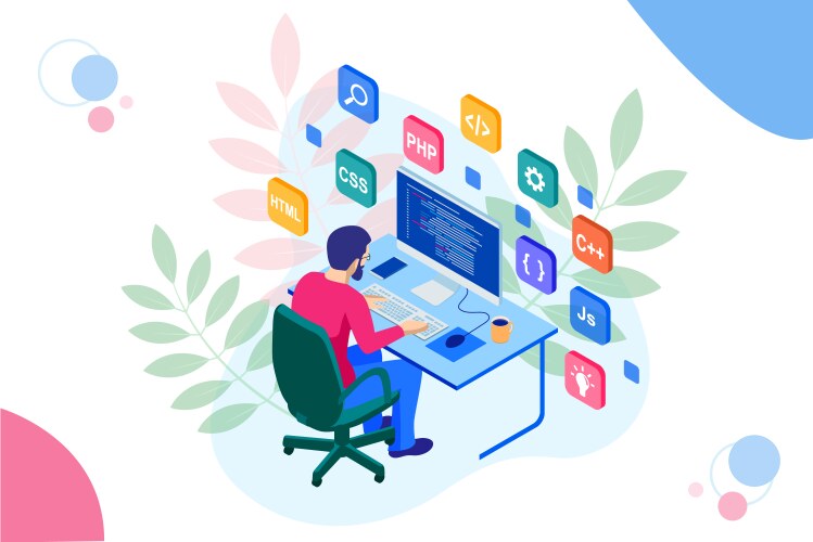 Isometric developing programming and coding Vector Image