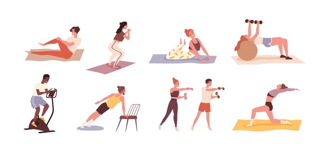 Fitness people cartoon characters set Royalty Free Vector