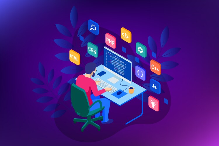 Isometric developing programming and coding Vector Image