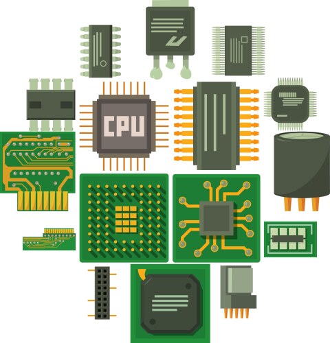 Computer chips icons set outline style Royalty Free Vector