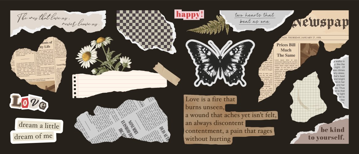 Set of paper cut elements torn newspaper collage Vector Image