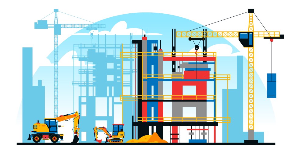 Cartoon scene of building construction site Vector Image