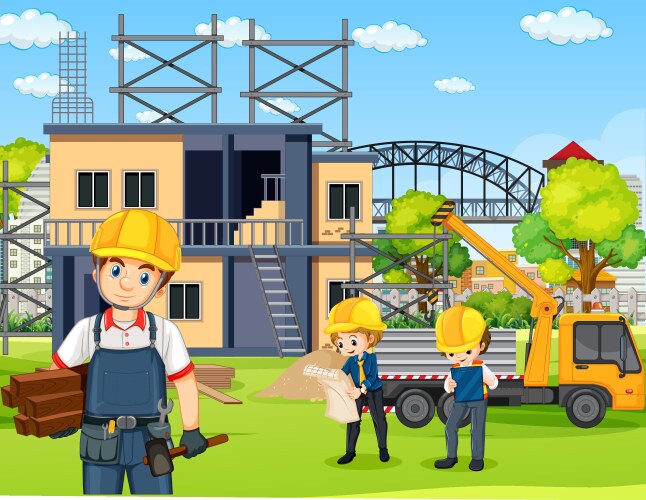 Cartoon scene of building construction site Vector Image