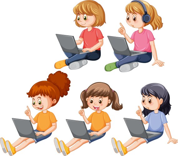 Cartoon kids using laptops for online learning Vector Image