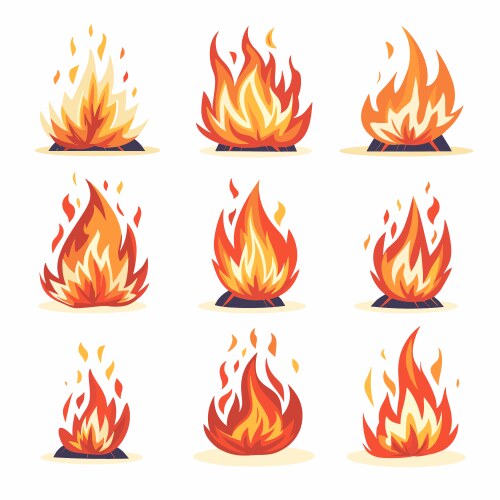 Six different cartoon fire flames designs isolated