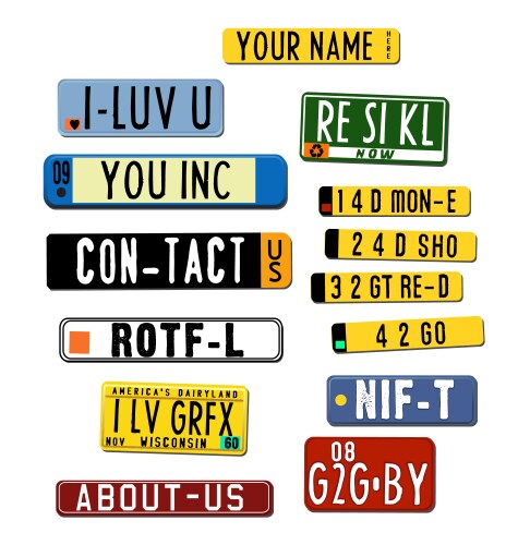Car license plates alphabet vehicle registration Vector Image