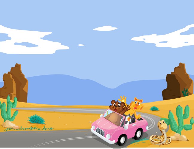 Three animals playing in the road Royalty Free Vector Image
