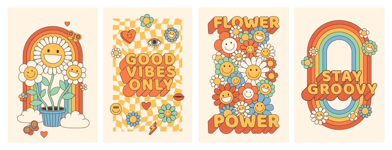 Flowers and rainbow hippie style groovy vibes Vector Image