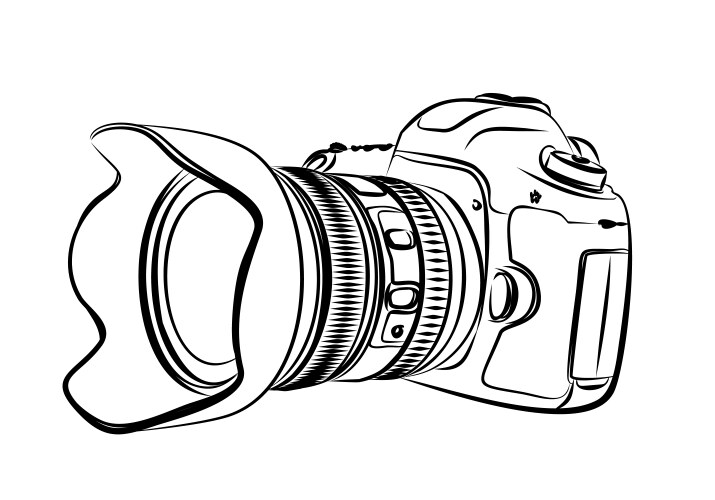 Photo camera with huge lens sketch Royalty Free Vector Image