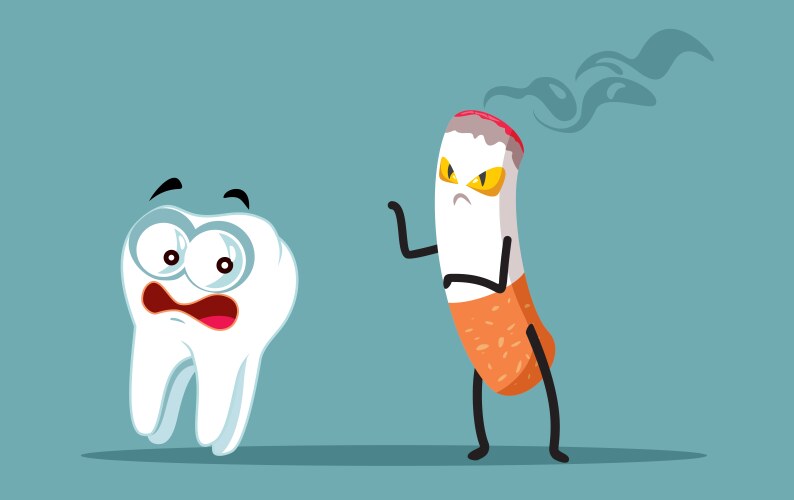 Yellow molar tooth smoking a cigarette cartoon Vector Image