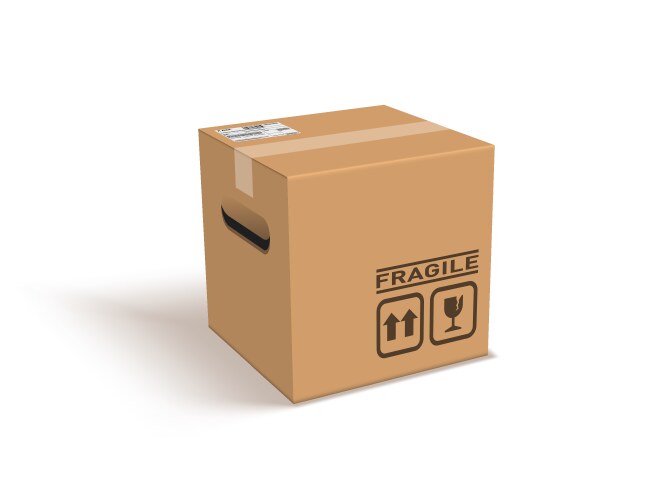 Brown parcel box with caution icons and shadow Vector Image