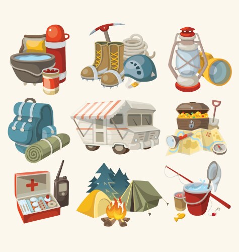 Set items for camping a collection cartoon Vector Image